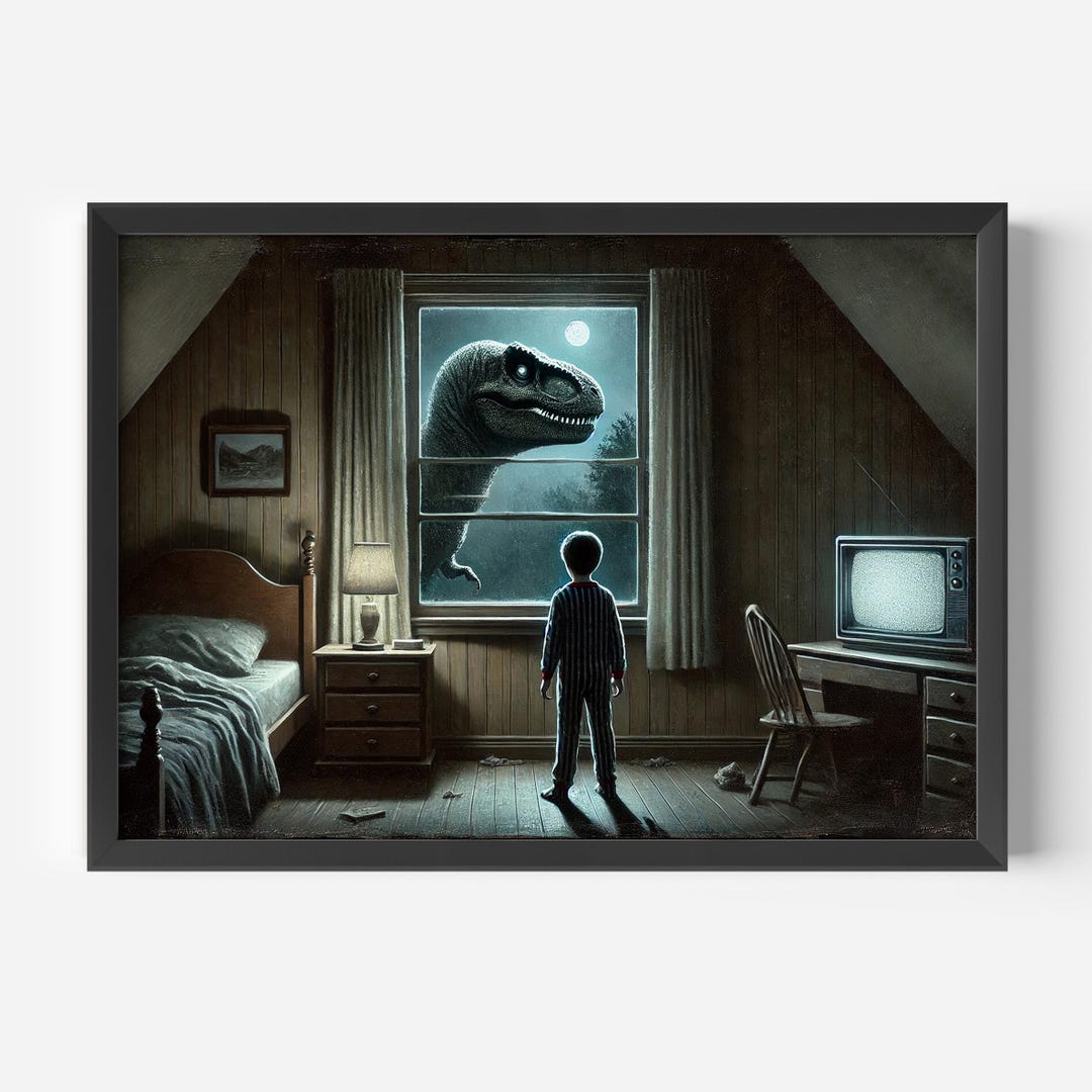 The T-rex Nightmare Poster, T-rex Outside Boys Bedroom Painting, 1980's ...