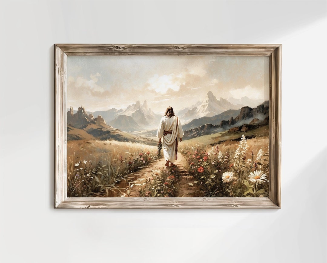 Jesus Walking on a Wildflower Road in the Mountains, Christian Oil ...
