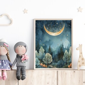 Starry Night and Crescent Moon Over Magical Forest Watercolor Painting ...