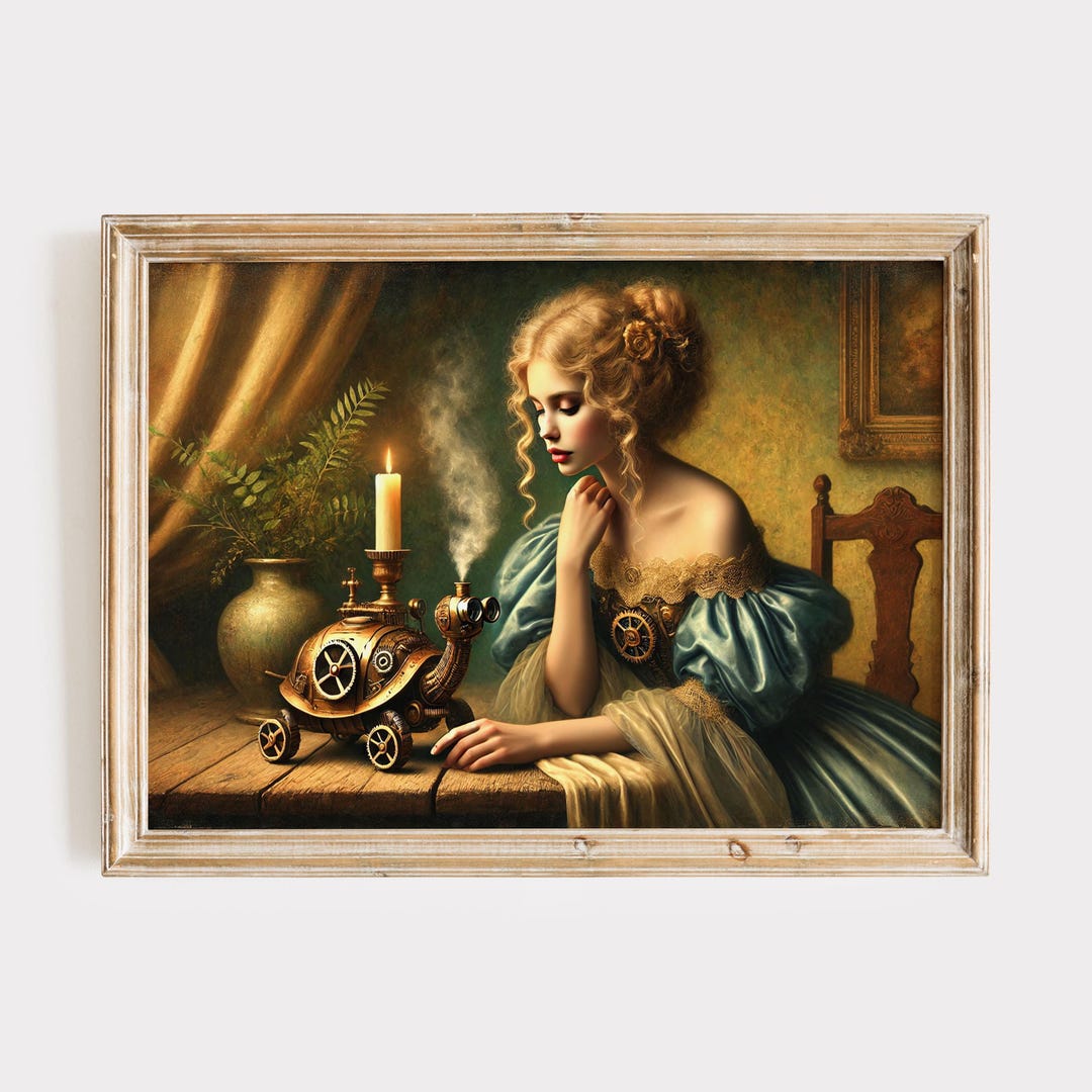 Victorian Steampunk Turtle Oil Painting, Victorian Woman and Mechanical ...