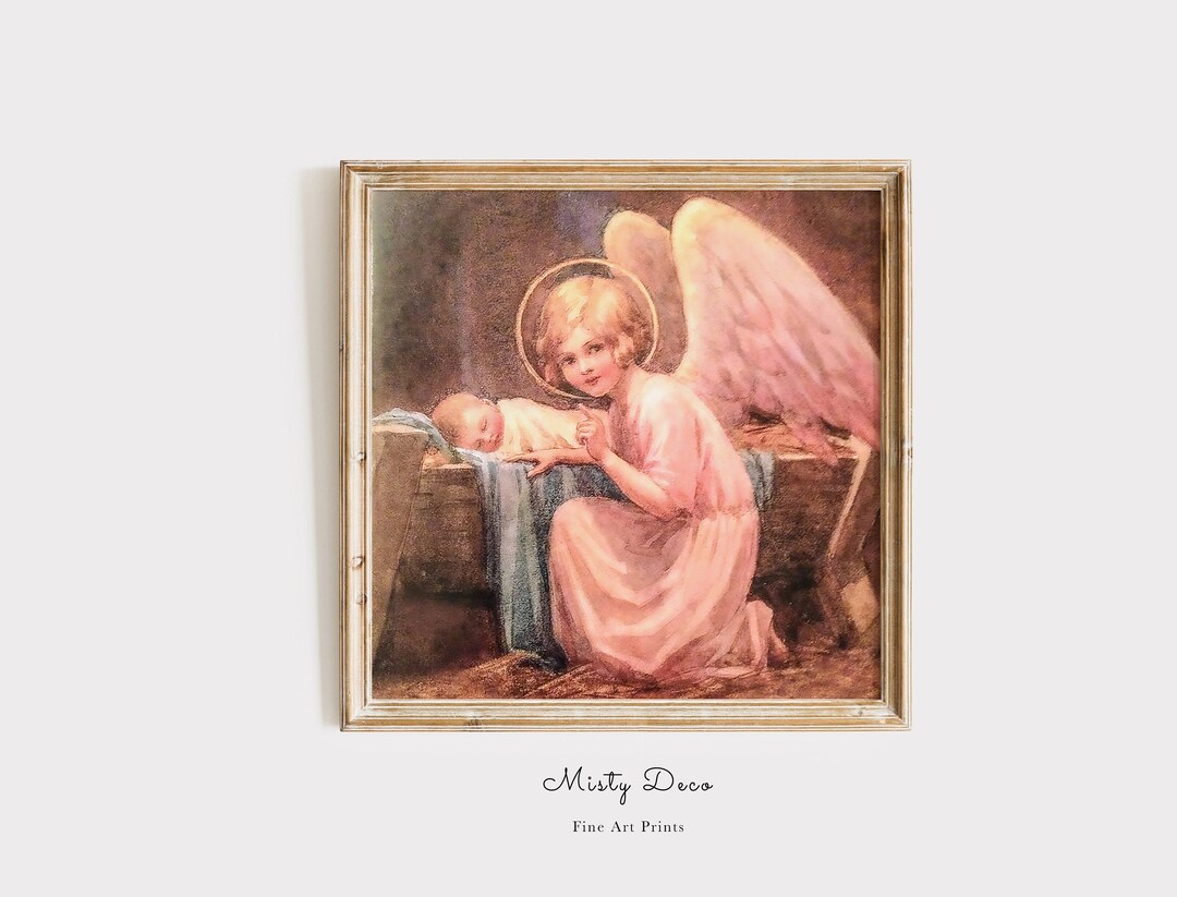 Nativity Scene, Baby Jesus and Pink Angel Illustration by Margaret ...