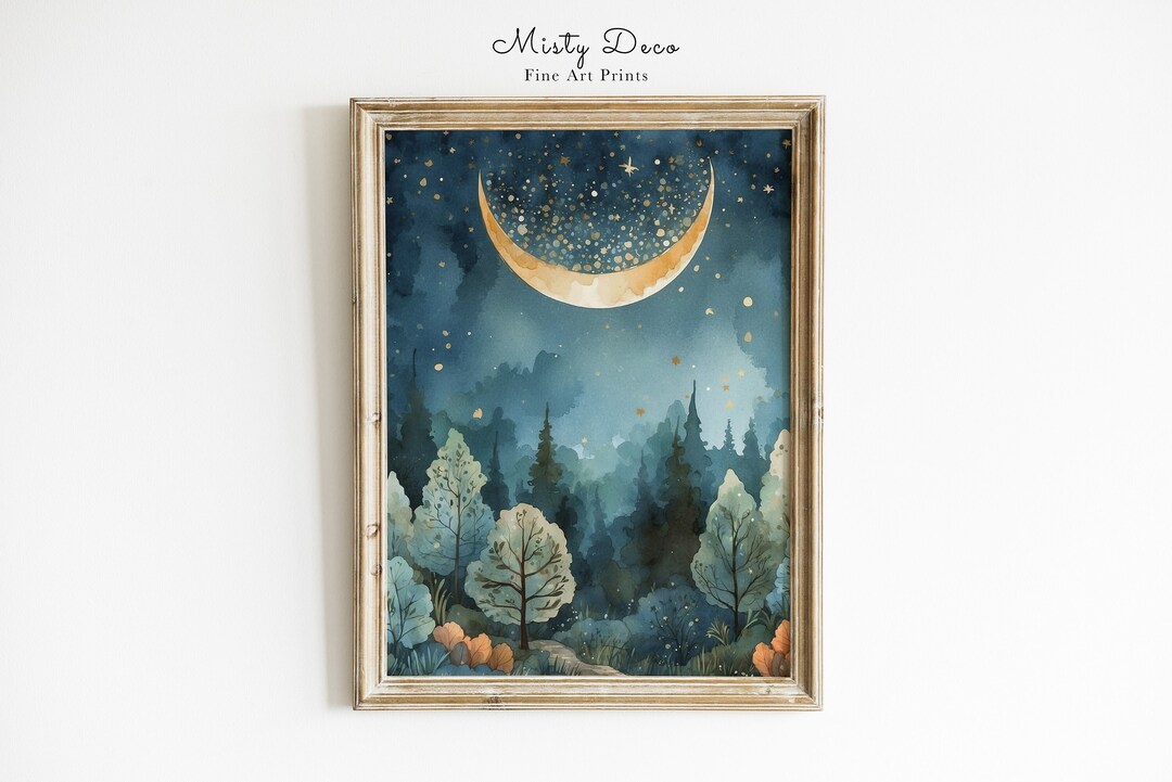 Magical Forest Watercolor Painting, Starry Night and Crescent Moon ...