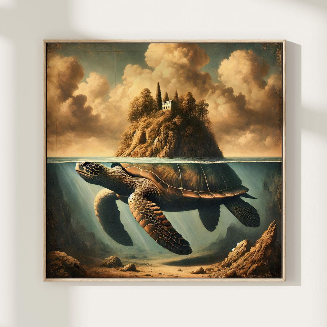 Turtle Island Oil Painting, Digital Fantasy Turtle Wall Art, Surreal ...
