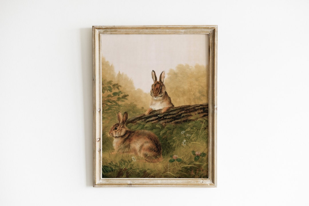 Spring Bunnies in a Meadow Vintage Painting, Rabbits in a Field Vintage ...