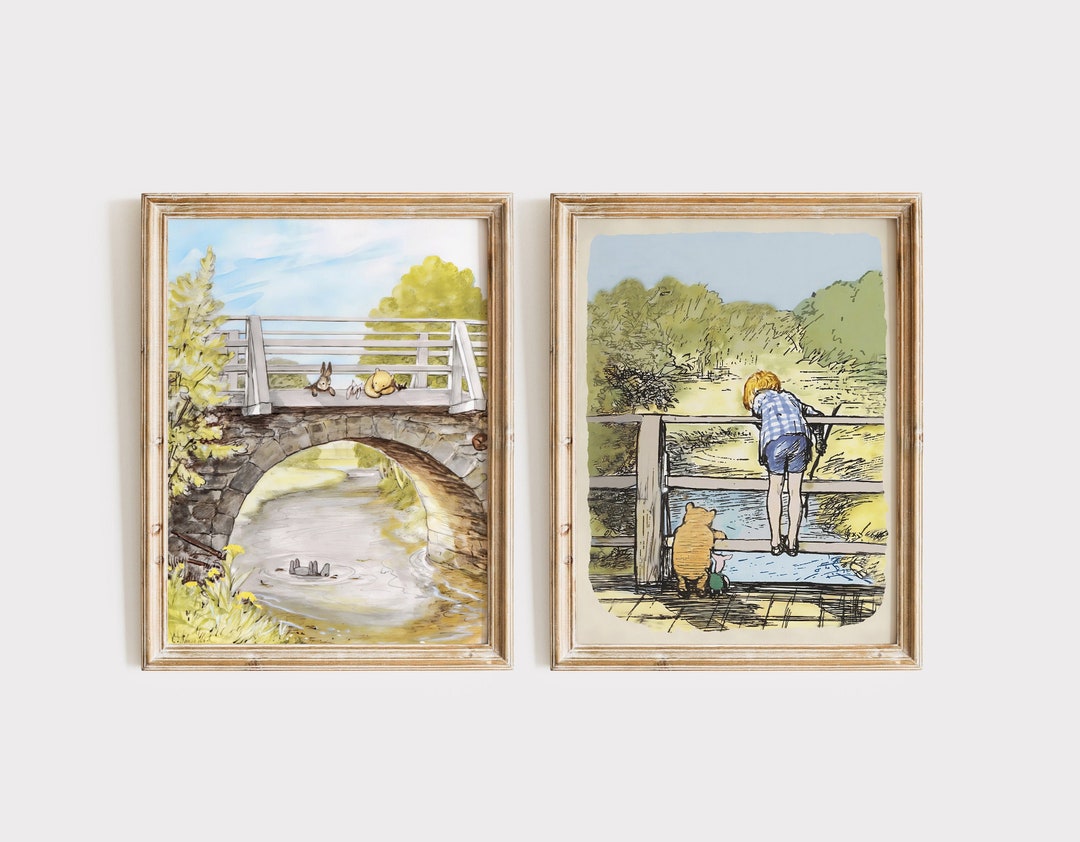 Winnie the Pooh on Stone Bridge, Vintage Printable Wall Art for Nursery ...