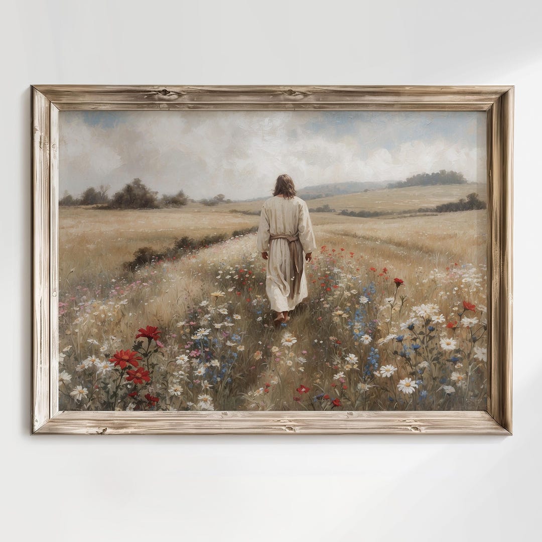 Jesus Walking on a Wildflower Field, Vintage Landscape Oil Painting ...