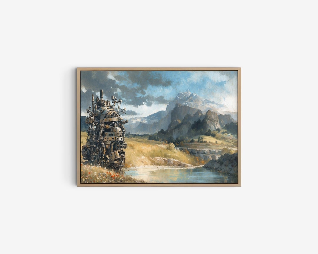 Clunky Robot in Landscape Oil Painting, Digital Retro Sci-fi Wall Art ...