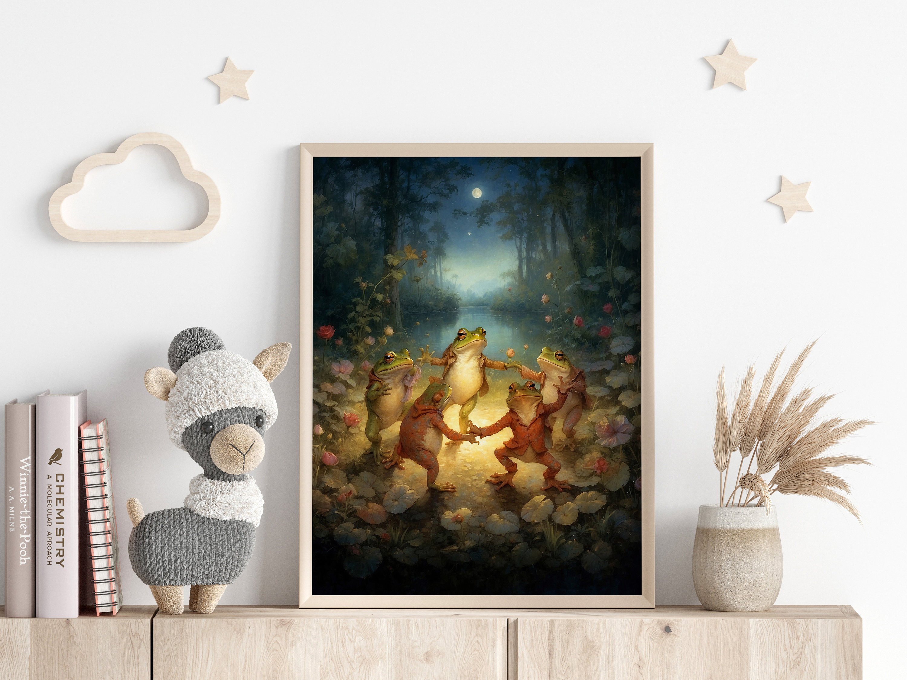 Crazy Dancing Frogs Under Full Moon Illustration, Fairy Tale Nursery ...