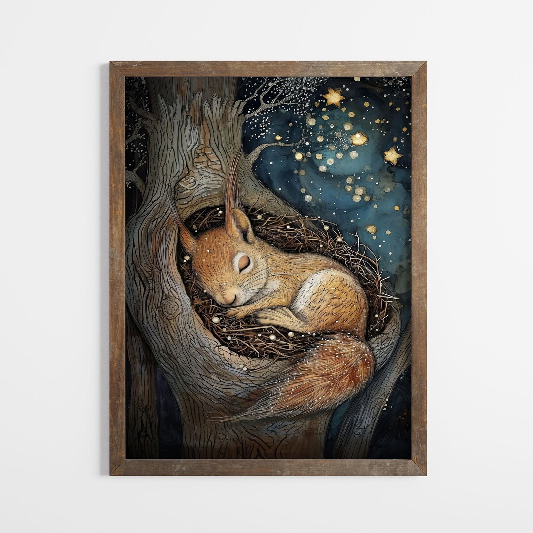 Good Night Fine Art Print for Nursery, Sleeping Squirrel Painting ...