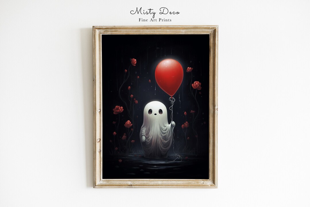 Cute Baby Ghost With a Red Balloon, Cute Ghost Nursery Wall Art, Kids ...
