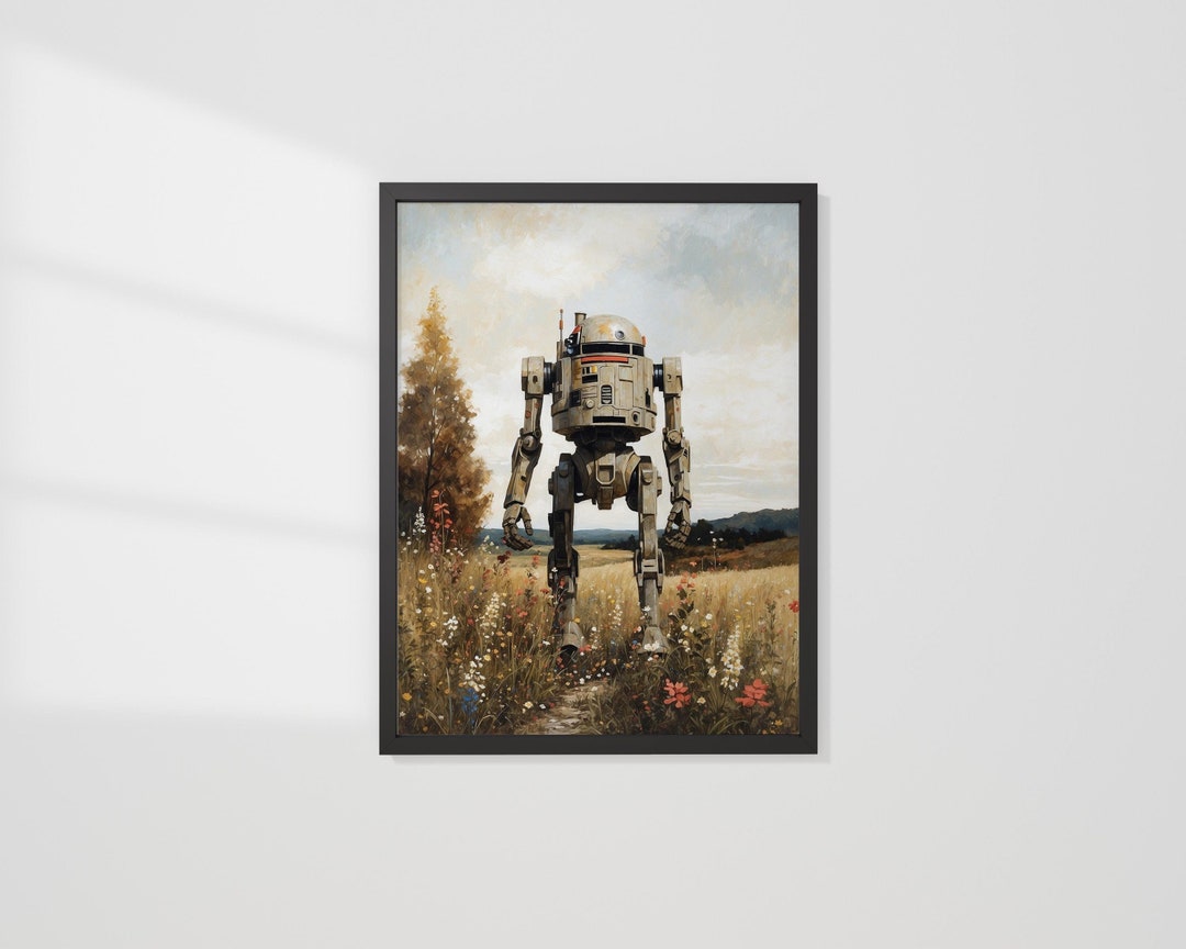 Futuristic Clunky Robot in Landscape Oil Painting, Digital Retro Sci-fi ...