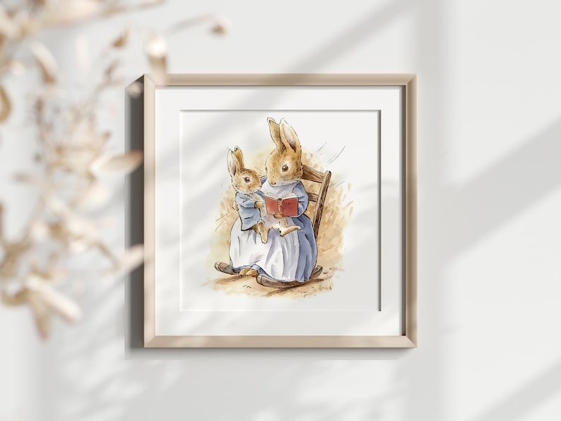 Printable Vintage Beatrix Potter Bunny Wall Art, Rabbit Mom Reading for ...