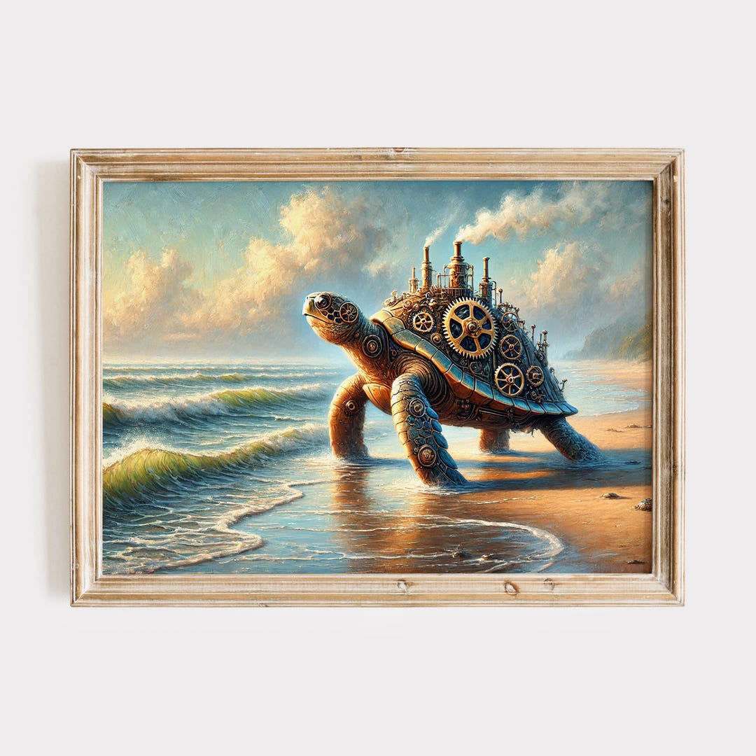 Steampunk Turtle at the Beach Oil Painting, Unique Fantasy Sci-fi Wall ...
