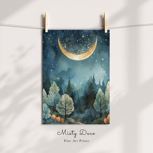 Starry Night and Crescent Moon Over Magical Forest Watercolor Painting ...