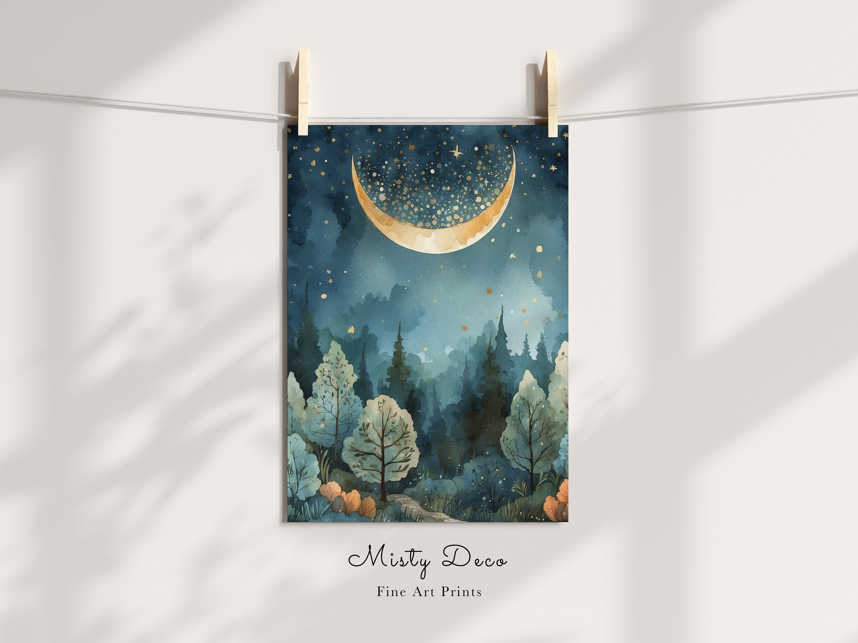 Starry Night and Crescent Moon Over Magical Forest Watercolor Painting ...