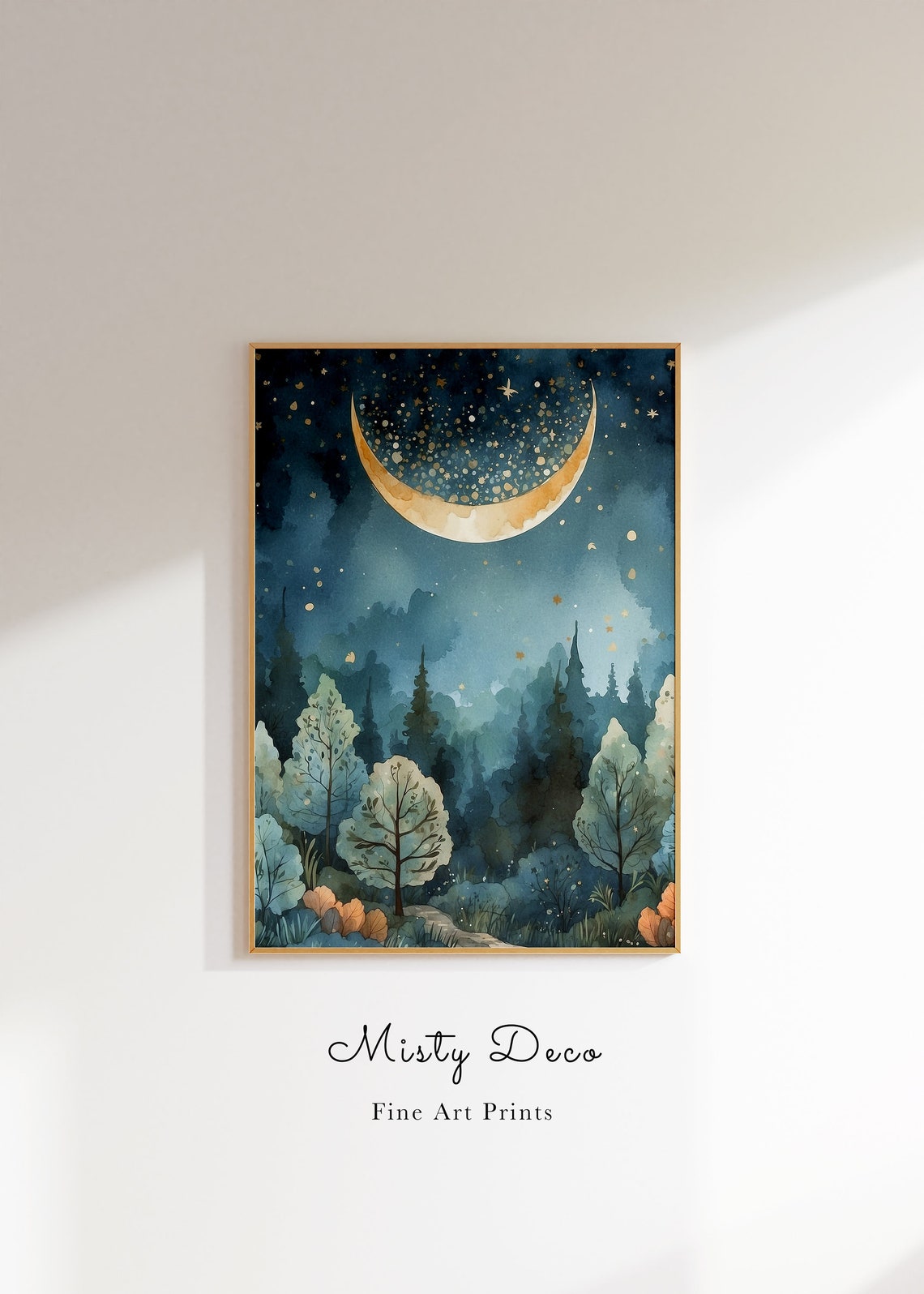 Starry Night and Crescent Moon Over Magical Forest Watercolor Painting ...