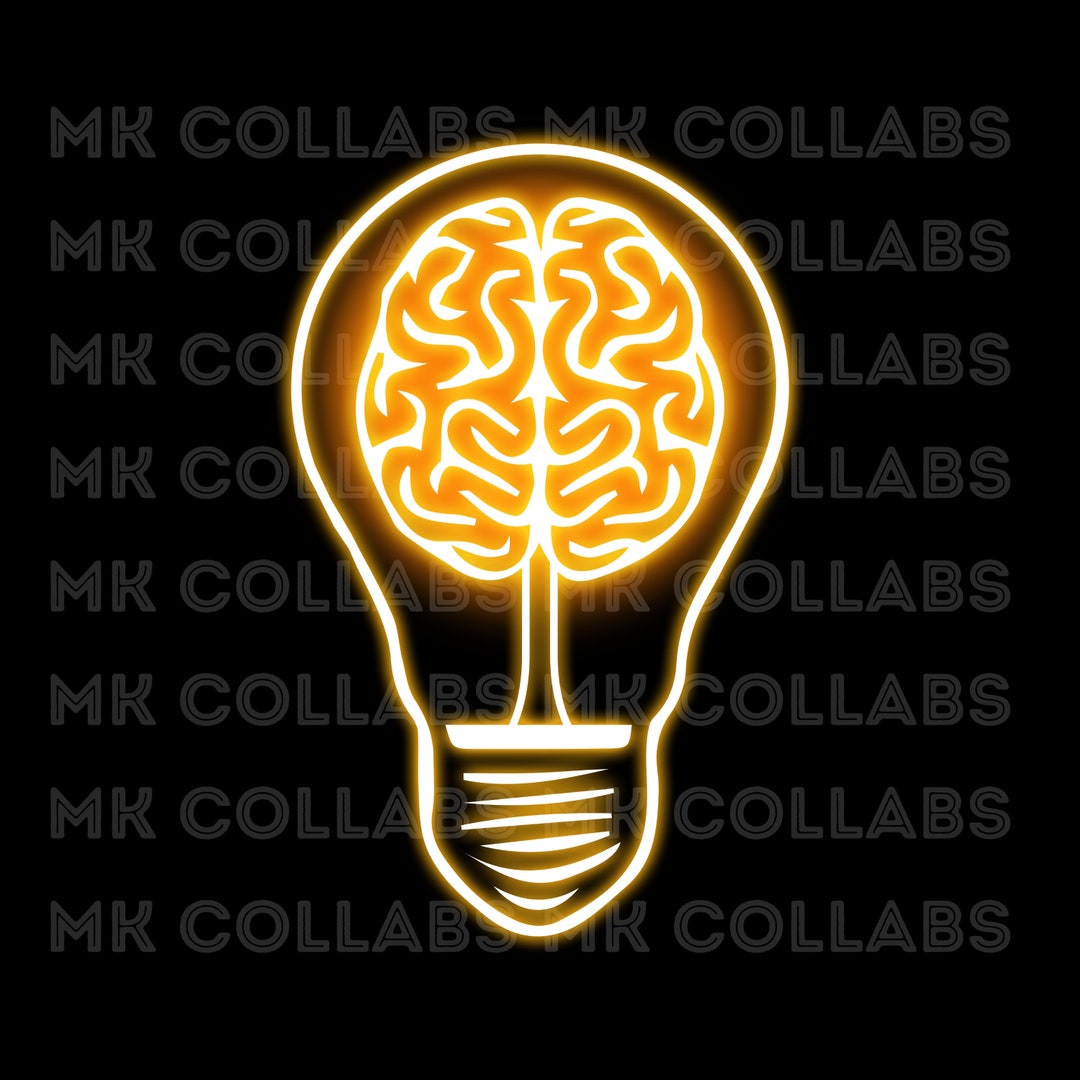 Abstract Neon Light Bulb Brain Idea Wall Art Minimalist Modern Art PNG ...