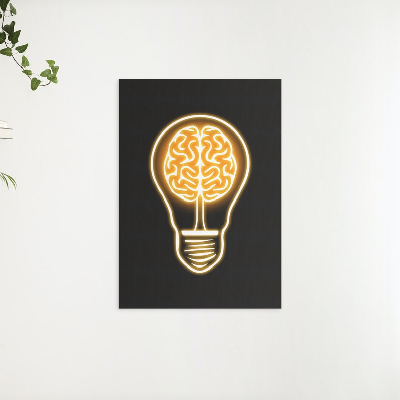 Abstract Neon Light Bulb Brain Idea Wall Art Minimalist Modern Art PNG ...
