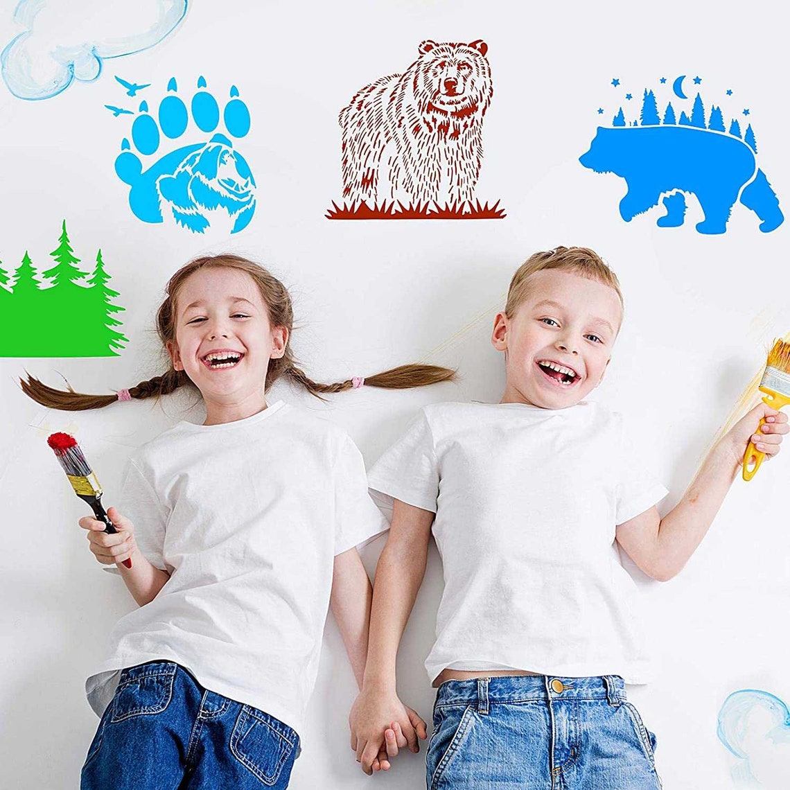 6pcs Grizzly Bear & Pine Forest Theme Stencils and Painting Templates ...
