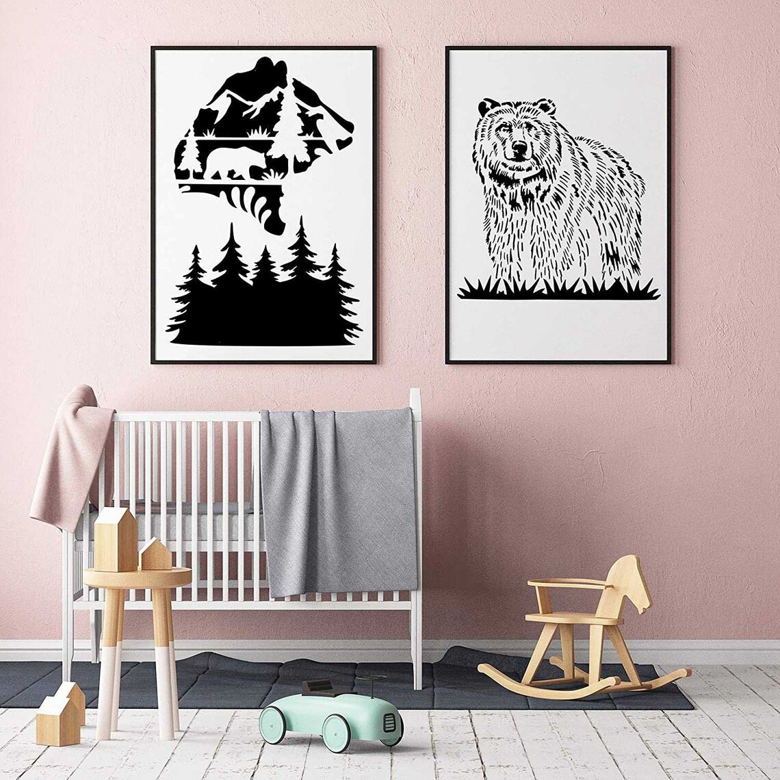 6pcs Grizzly Bear & Pine Forest Theme Stencils and Painting Templates ...