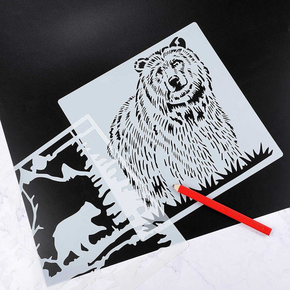 6pcs Grizzly Bear & Pine Forest Theme Stencils and Painting Templates ...