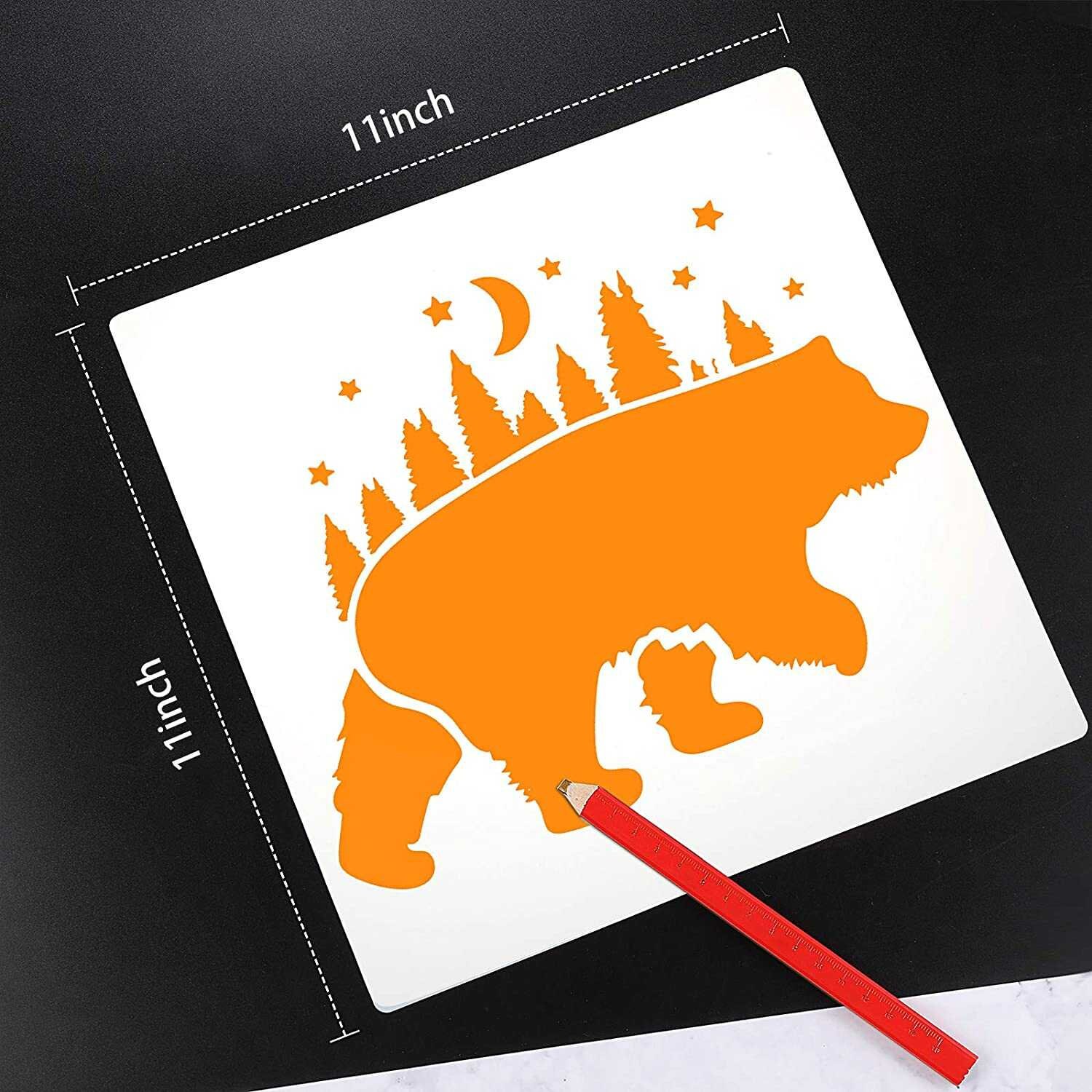 6pcs Grizzly Bear & Pine Forest Theme Stencils and Painting Templates ...