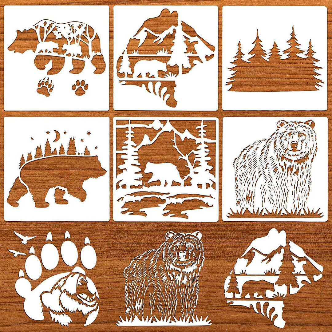 6pcs Grizzly Bear & Pine Forest Theme Stencils and Painting Templates ...