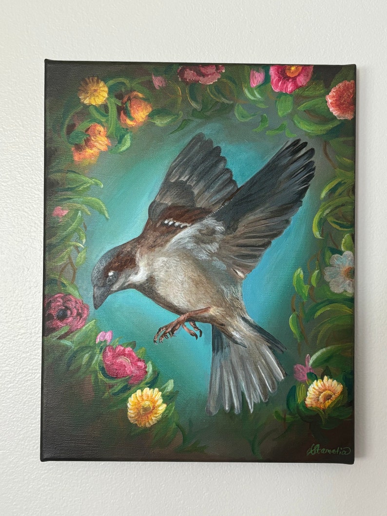 Original Sparrow Bird Hand Painted Canvas Art, Bird Landscape,bird ...