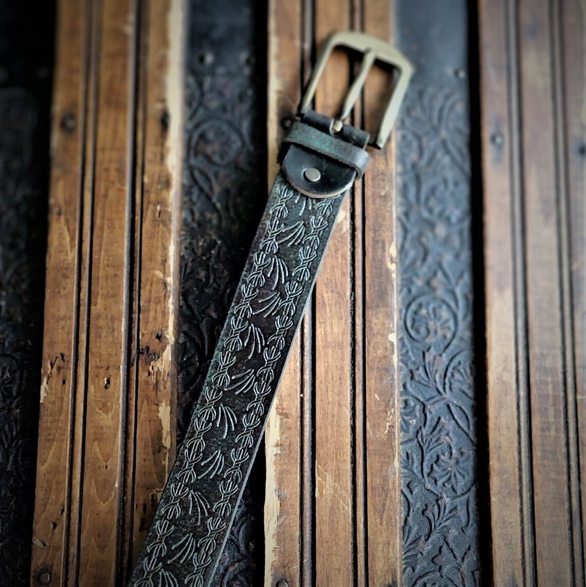Men's Tooled Leather Belt Aztec Type Design - Etsy