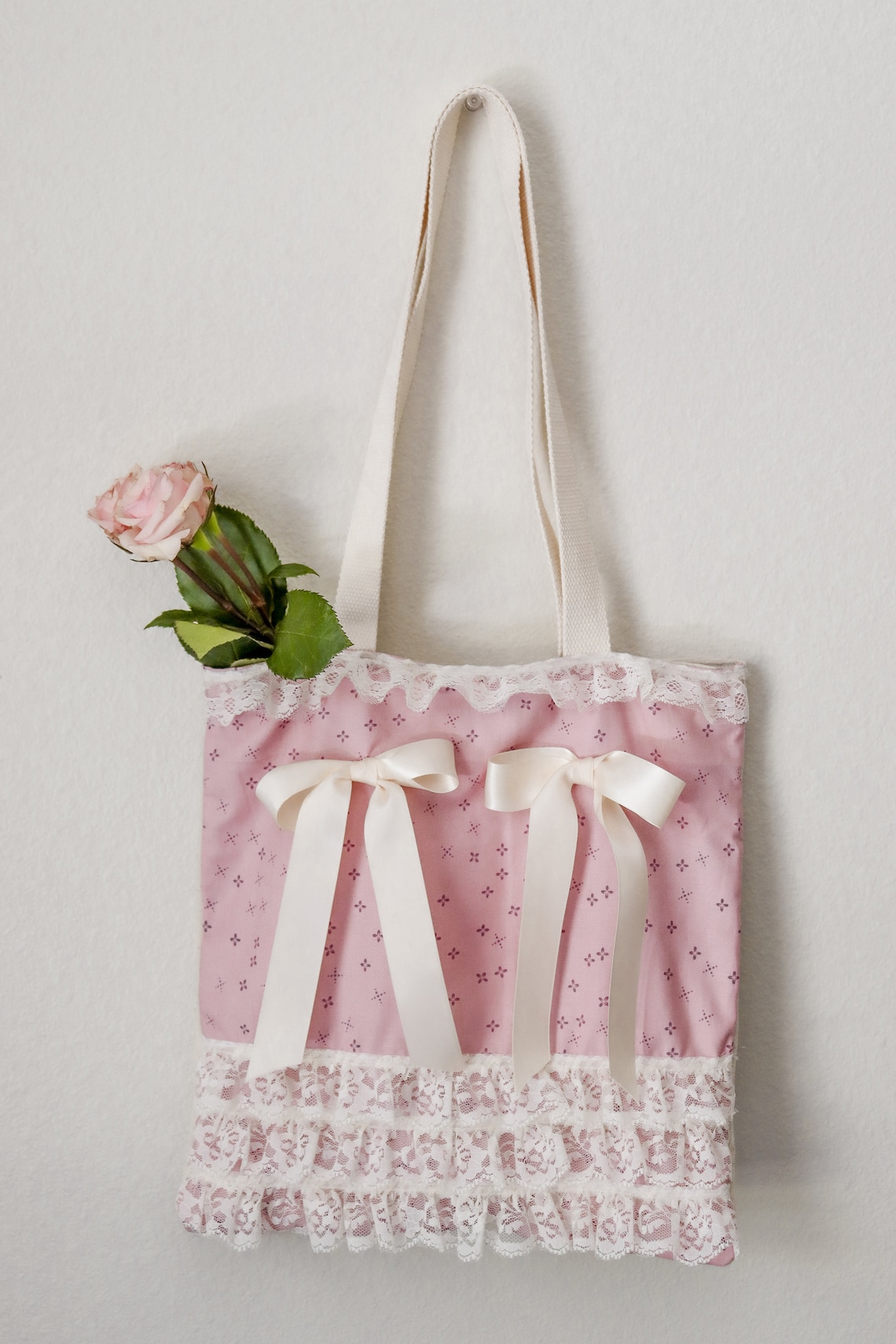 Pink Cute Lace Handmade Shoulder Bag Tote Bag // Bow and Lace Tote Bag ...