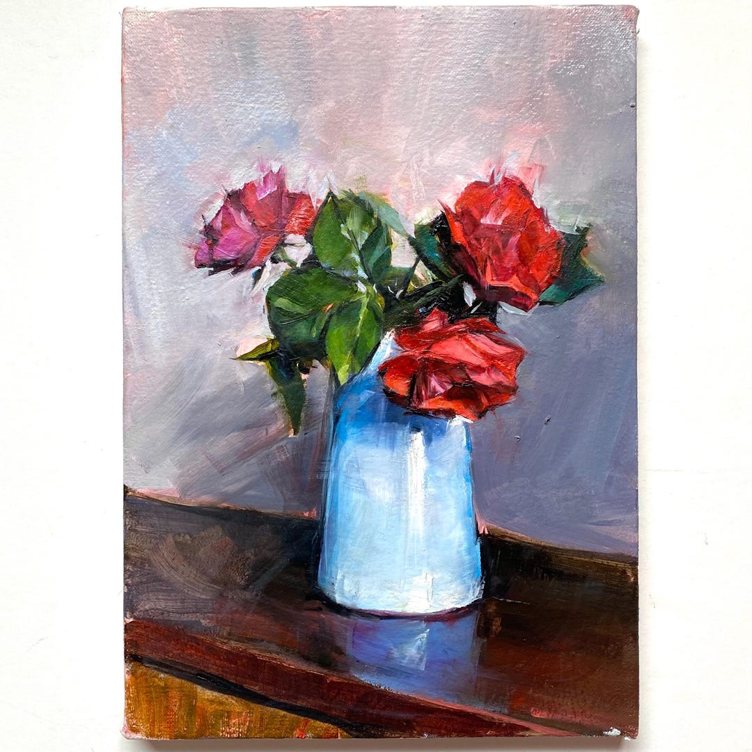 Original Floral Oil Painting / Red Roses in a Vintage Jug / Handmade ...