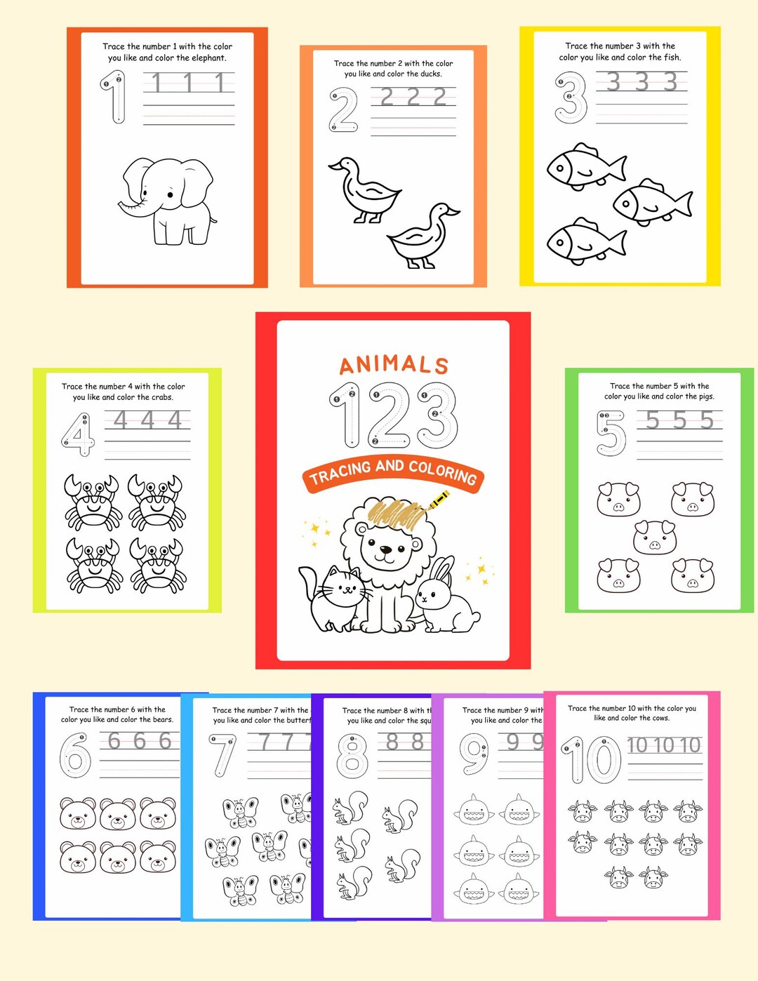 1-10 Animal Tracing Printable for Kids | Number Tracing Worksheets ...