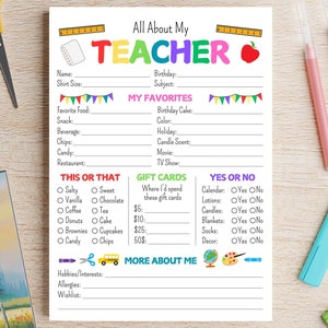 All About My Teacher Editable Questionnaire Teacher Survey Get to Know ...