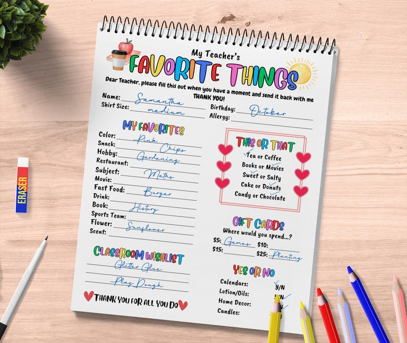 Teacher Favorite Things Questionnaire Printable Teacher Survey Template ...