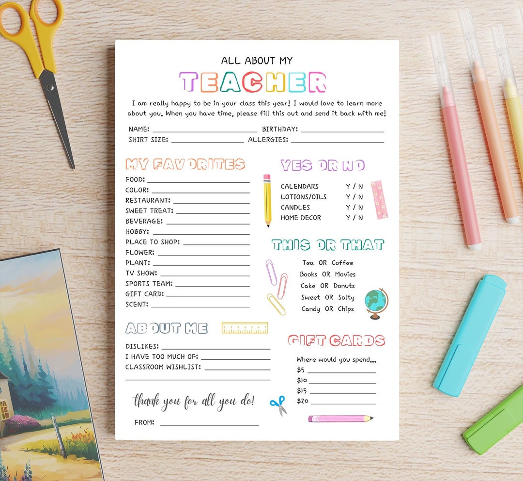 All About My Teacher Favorite Things First Day of School Get to Know ...