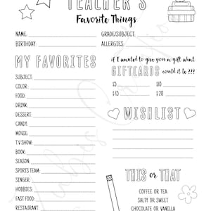 Teacher Favorite Things All About My Teacher Questionnaire Getting to ...