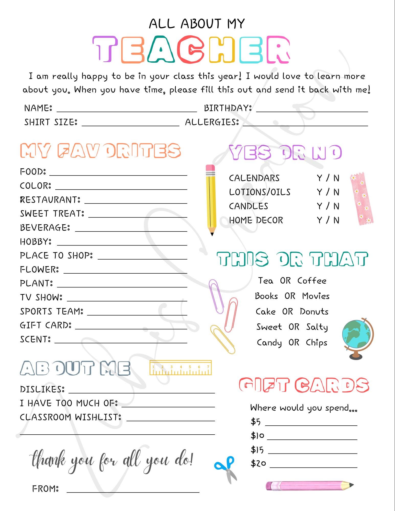All About My Teacher Favorite Things First Day of School Get to Know ...
