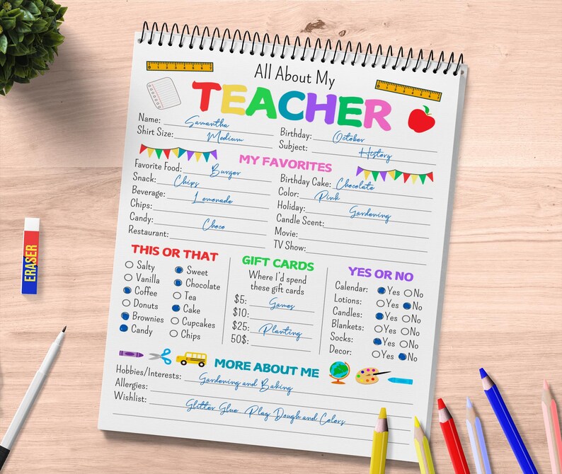All About My Teacher Questionnaire, Printable Teacher Appreciation Gift ...