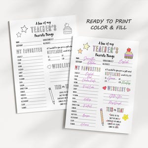 Teacher Favorite Things All About My Teacher Questionnaire Getting to ...