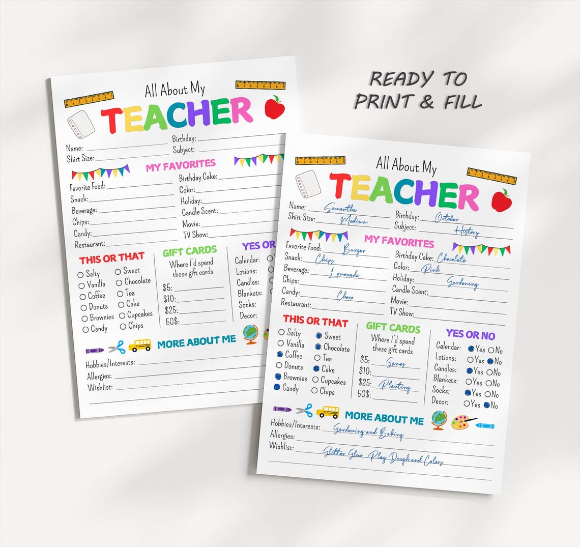 All About My Teacher Questionnaire, Printable Teacher Appreciation Gift ...