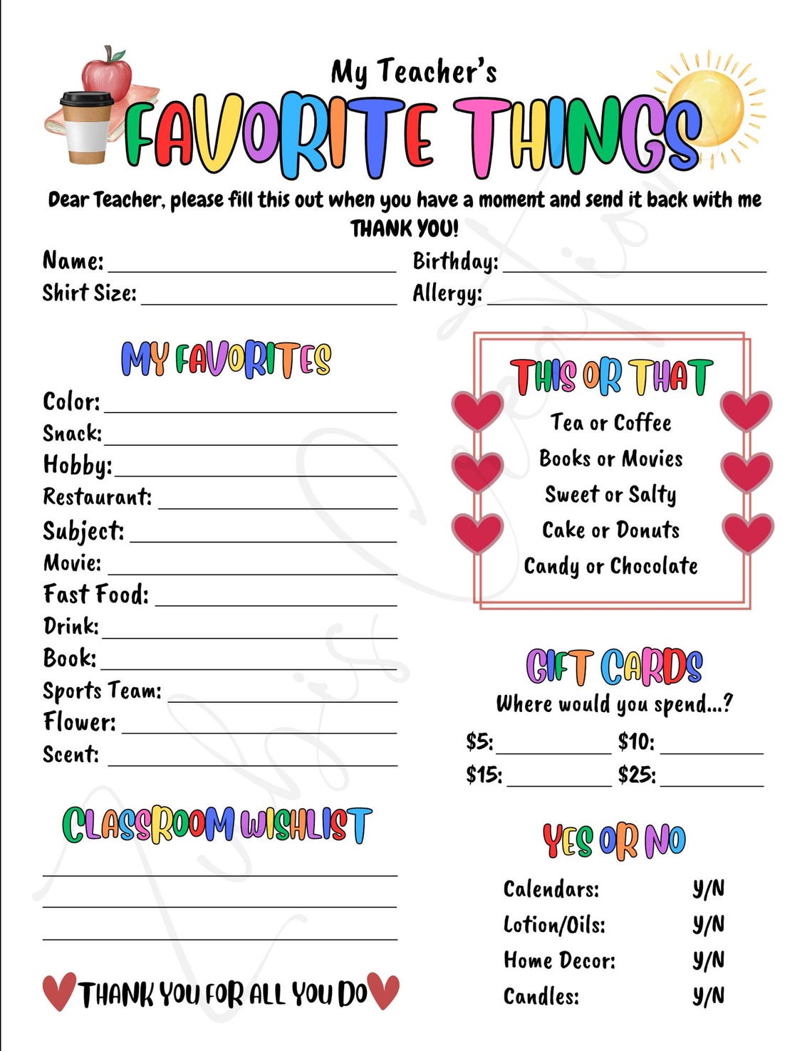 Teacher Favorite Things Questionnaire Printable Teacher Survey Template ...