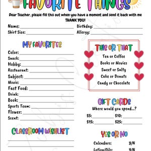 Teacher Favorite Things Questionnaire Printable Teacher Survey Template ...