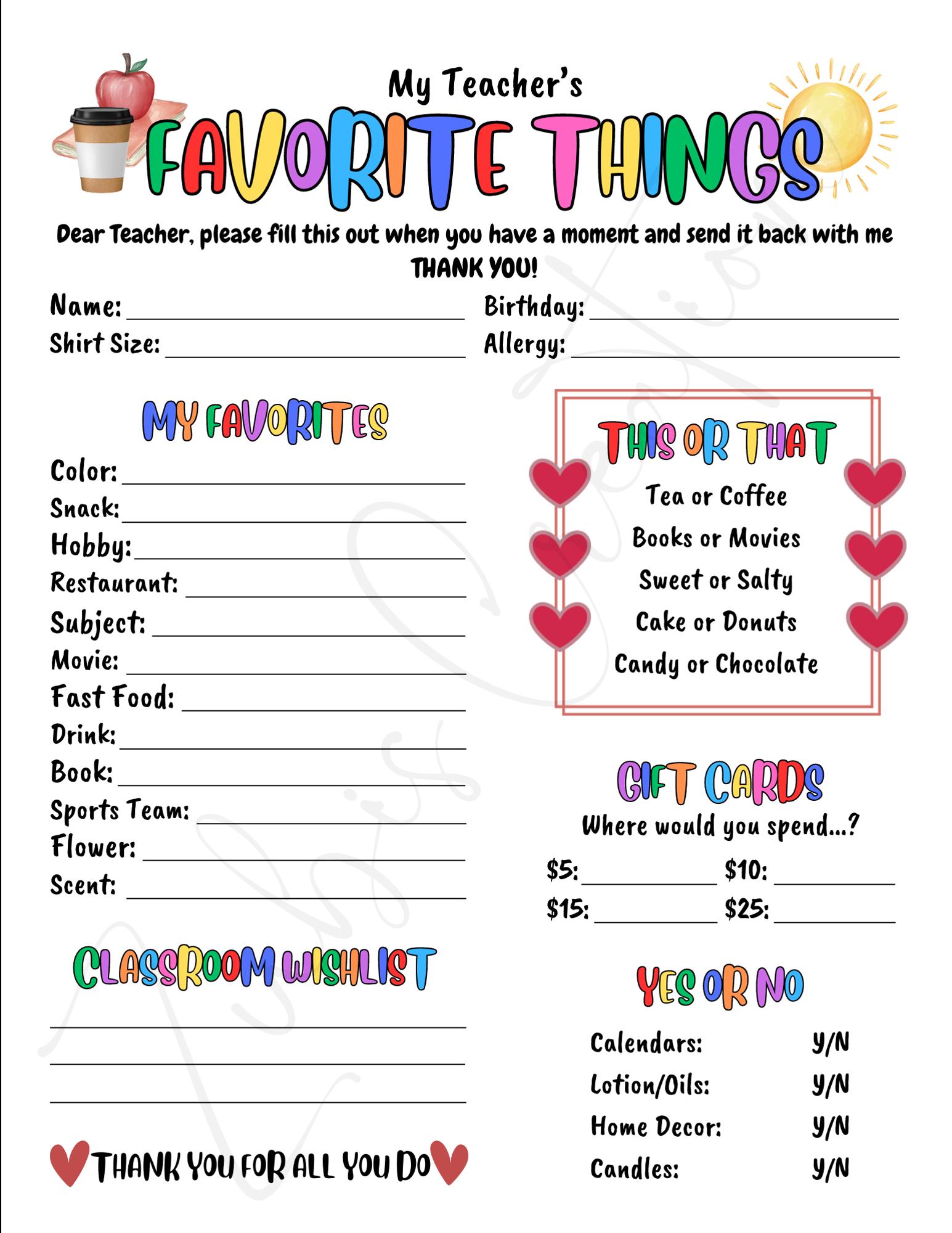 Teacher Favorite Things Questionnaire Printable Teacher Survey Template ...