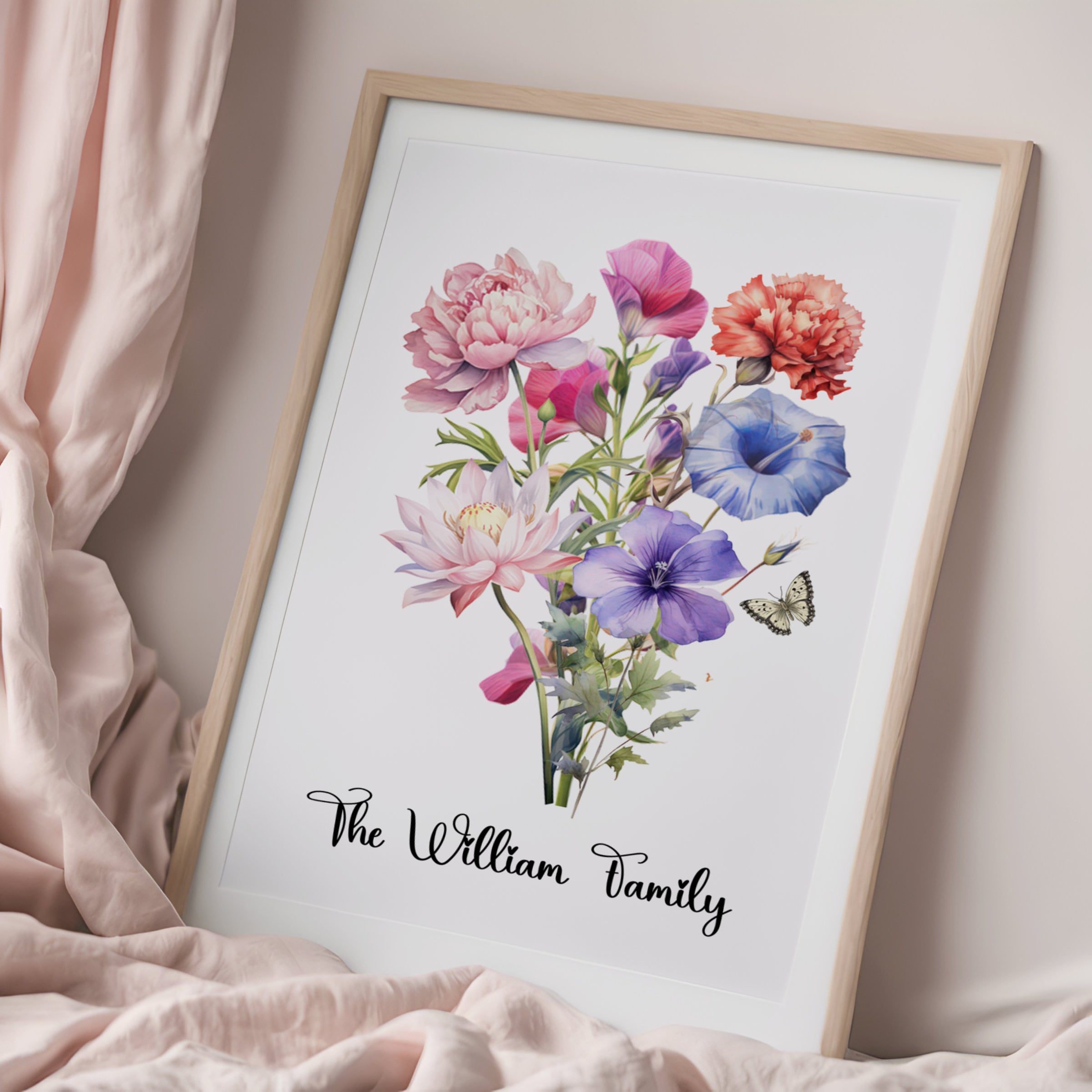 Family Birth Flower Bouquet Custom Flower Art Print Vintage Floral ...