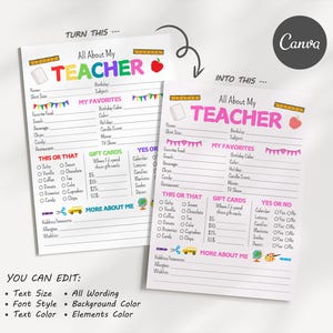 All About My Teacher Editable Questionnaire Teacher Survey Get to Know ...