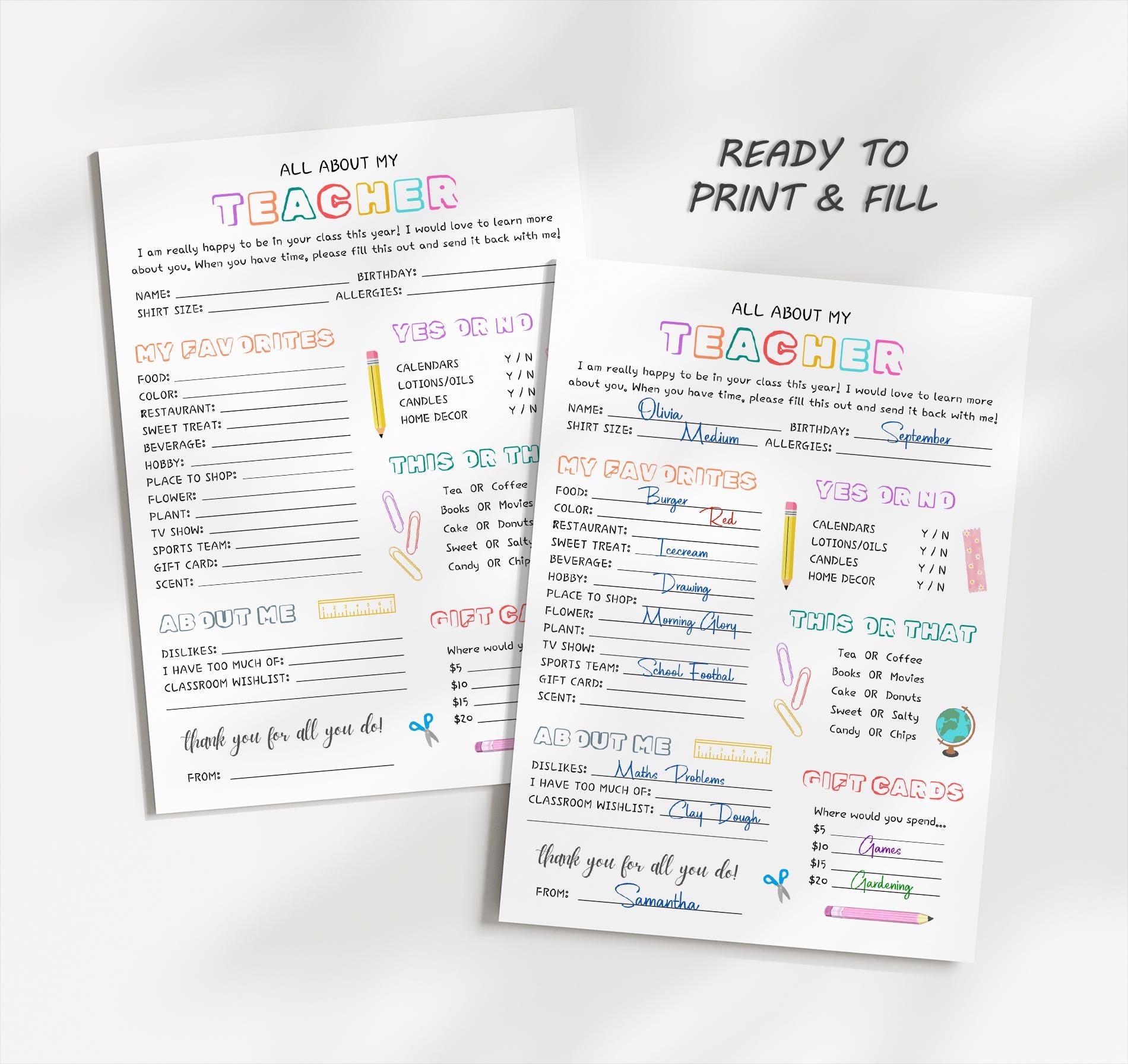 All About My Teacher Favorite Things First Day of School Get to Know ...