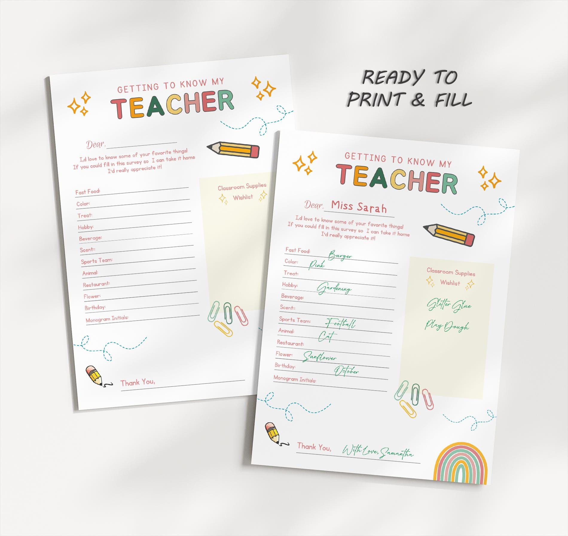 Getting to Know My Teacher Survey Teacher Favorite Things Printable ...