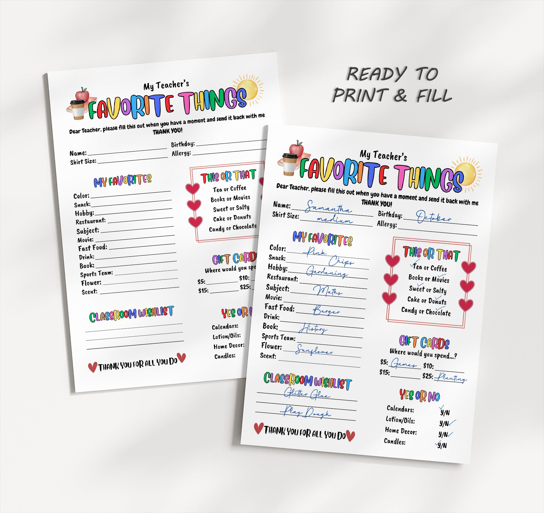 Teacher Favorite Things Questionnaire Printable Teacher Survey Template ...