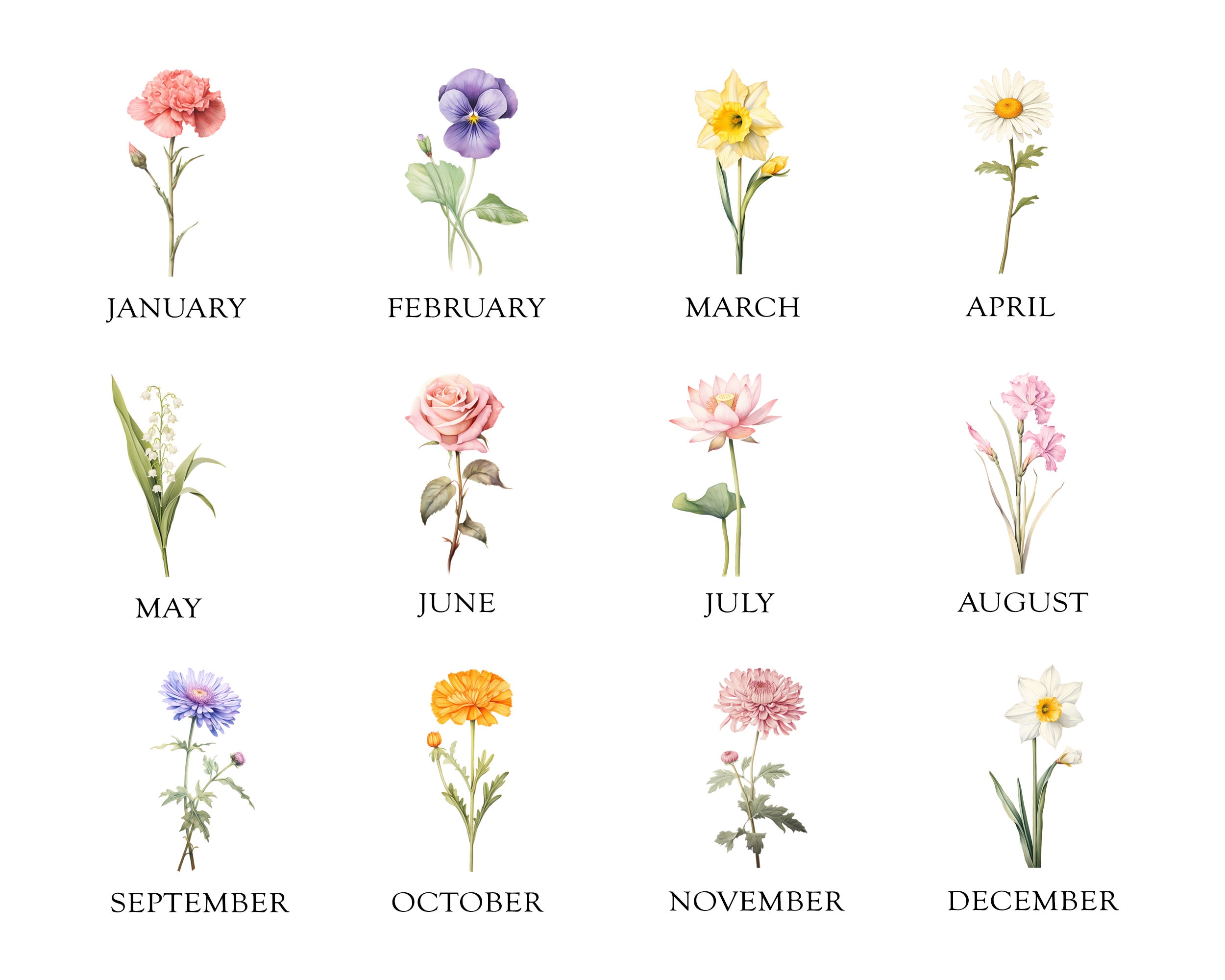 Birth Flower Bouquet Print Personalized Gift for Mom Grandma's Garden ...