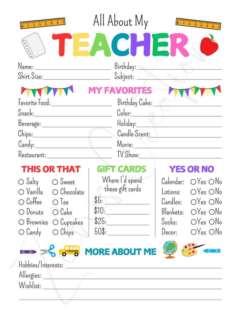 All About My Teacher Questionnaire, Printable Teacher Appreciation Gift ...